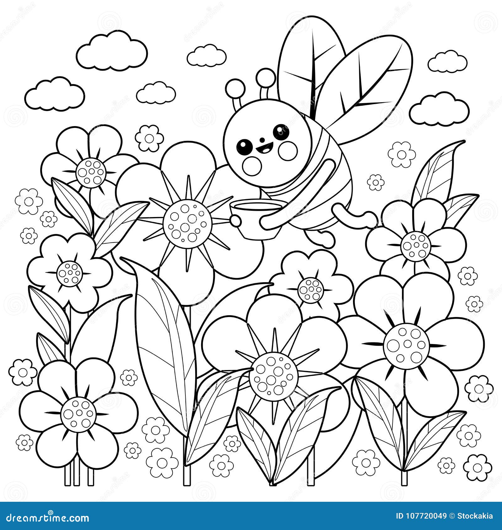 Bee With Honey Pot Flying Around Flowers. Cute Working Bee Bug Cartoon ...