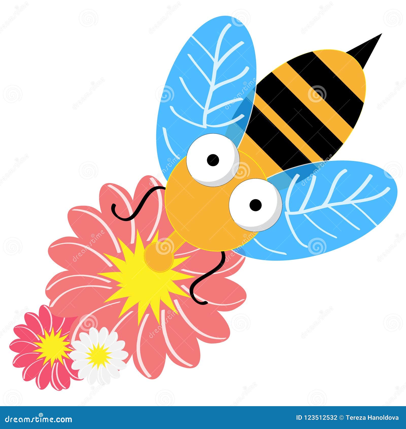 Bee with Flowers Isolated on White Background. Vector Illustration ...