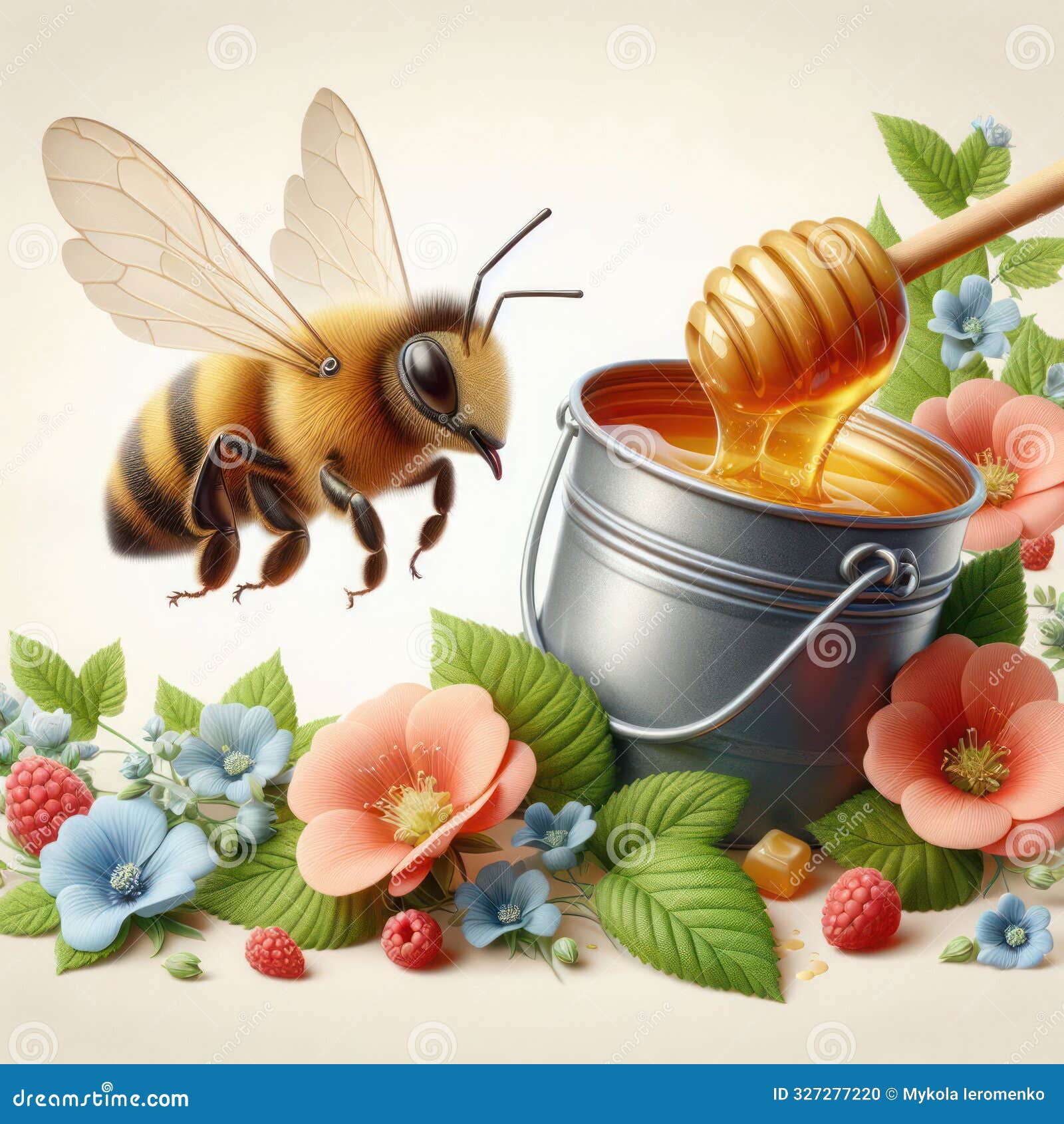 A bee flying up to honey. stock photo. Image of nature - 327277220