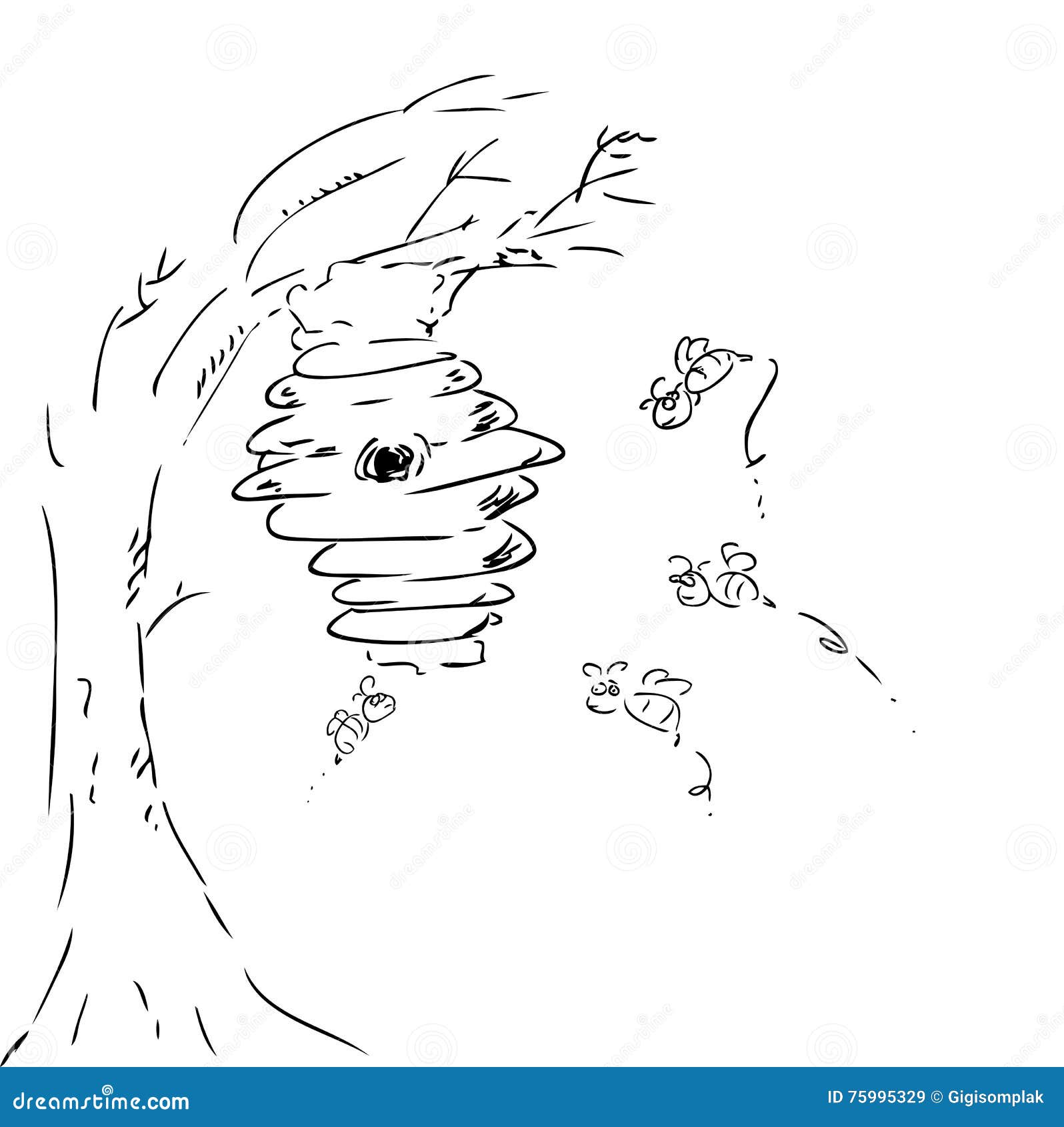 Bee Hive at Tree, Black Outline White Background Stock Vector ...