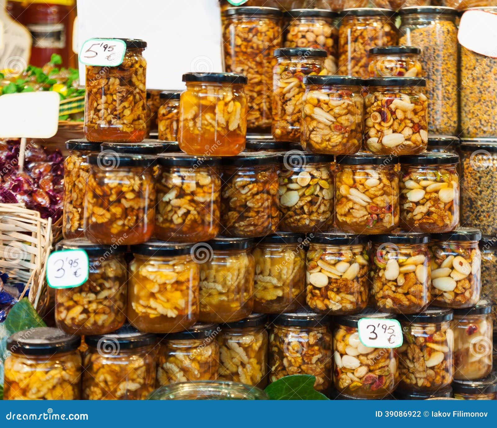 Bee Honey with Nuts in Cans Stock Photo - Image of walnuts, counter ...