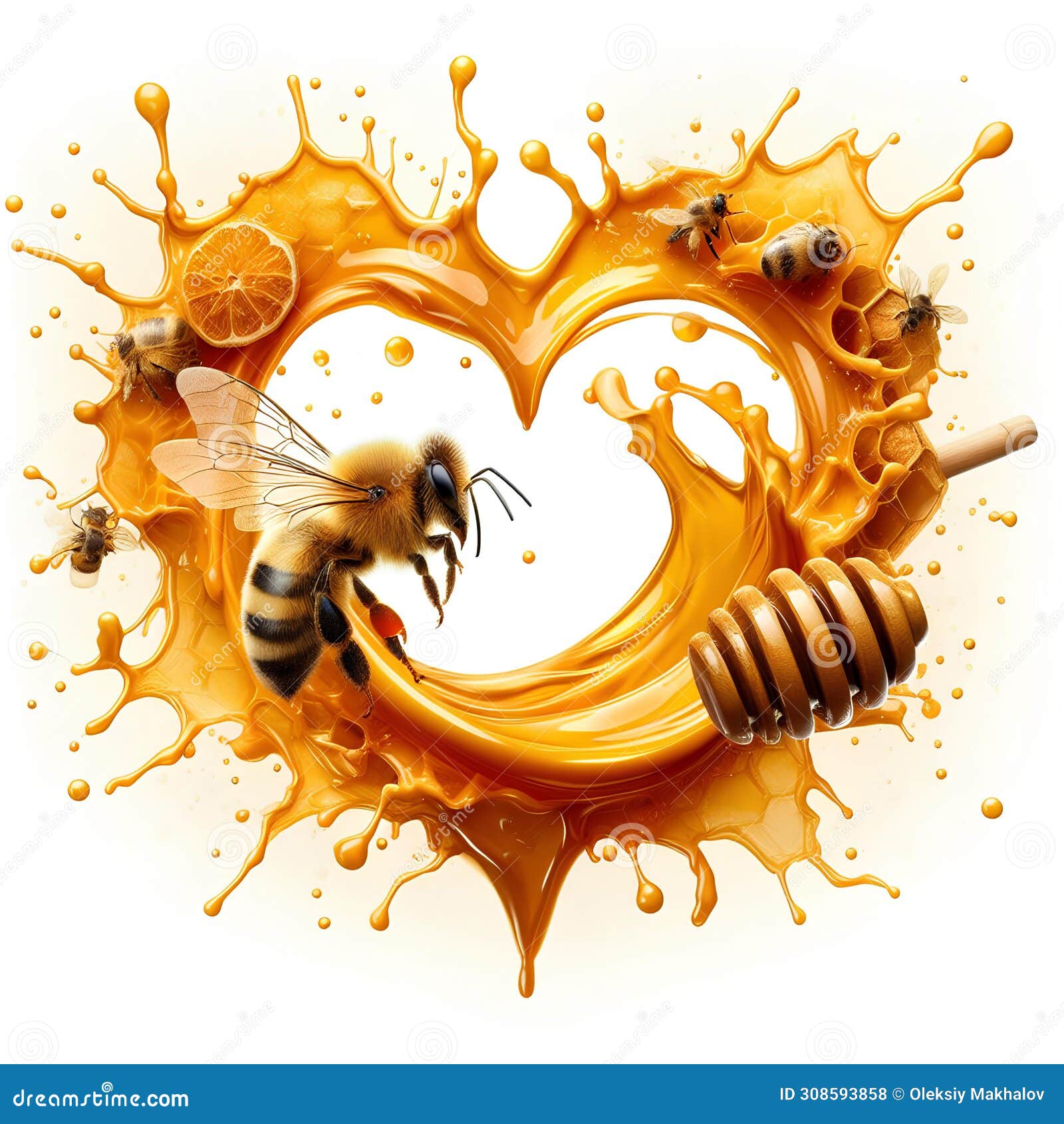 Bee and Honey Splash Heart Shape with Empty Center Isolated on White ...
