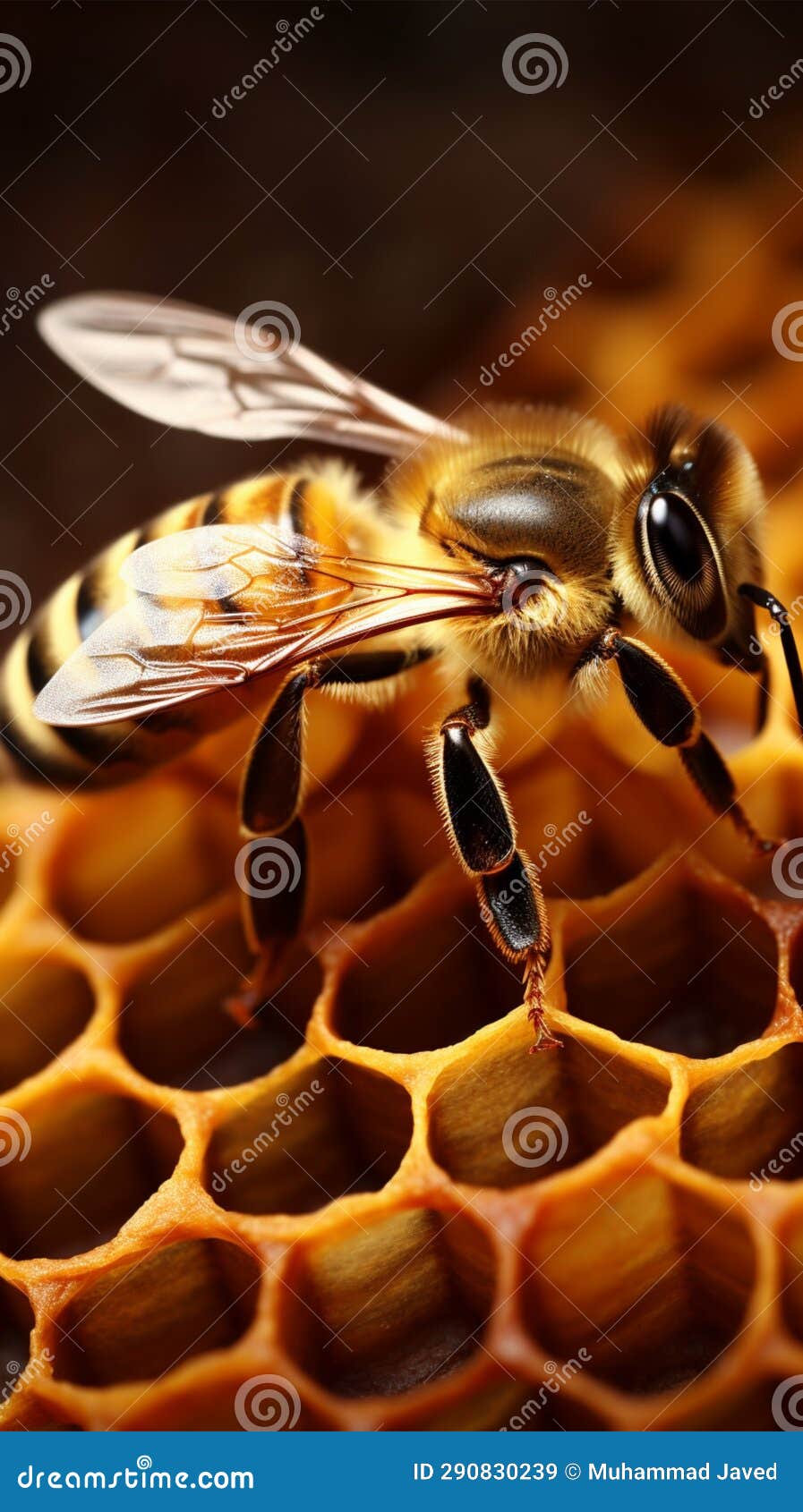 Bee on Honeycomb Background with Copy Space Stock Illustration ...