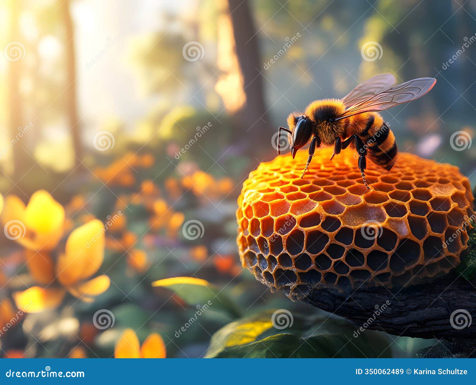 Bee on a Honeycomb with a Hexagonal Sign Stock Illustration ...