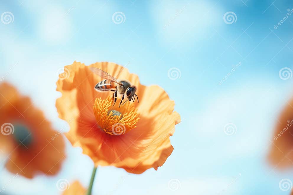 Bee Hovering Over a Poppy Flower Stock Photo - Image of floral ...