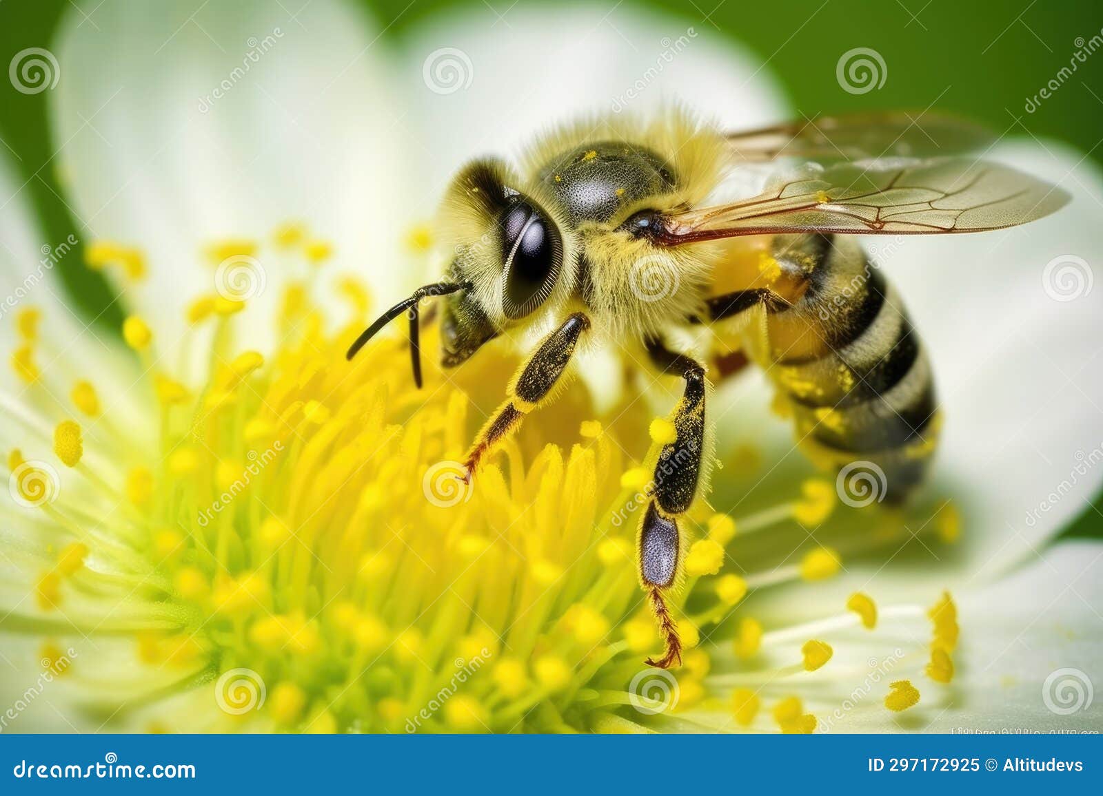 A Bee Leaving a Flower Loaded with Pollen Stock Image - Image of ...
