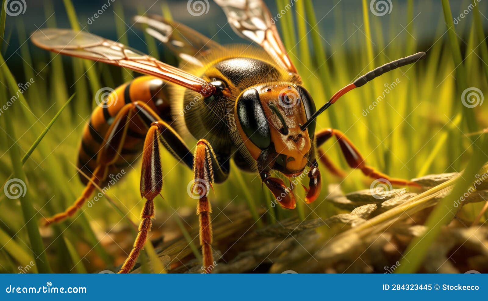 Realistic Hyper-detailed Rendering of an Angry Wasp on Grass Stock ...