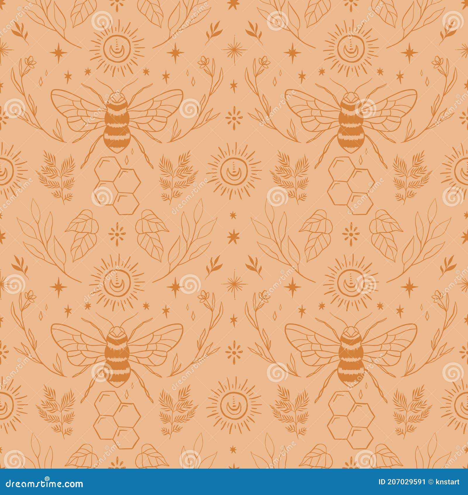 Bee Line Art Seamless Pattern, Honey Concept, Plants and Leaves Stock ...