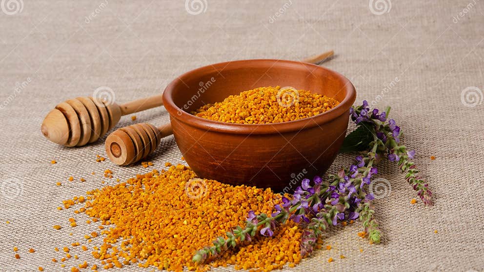 Bee Pollen in Bowl with Spoon on Table Stock Photo - Image of organic ...