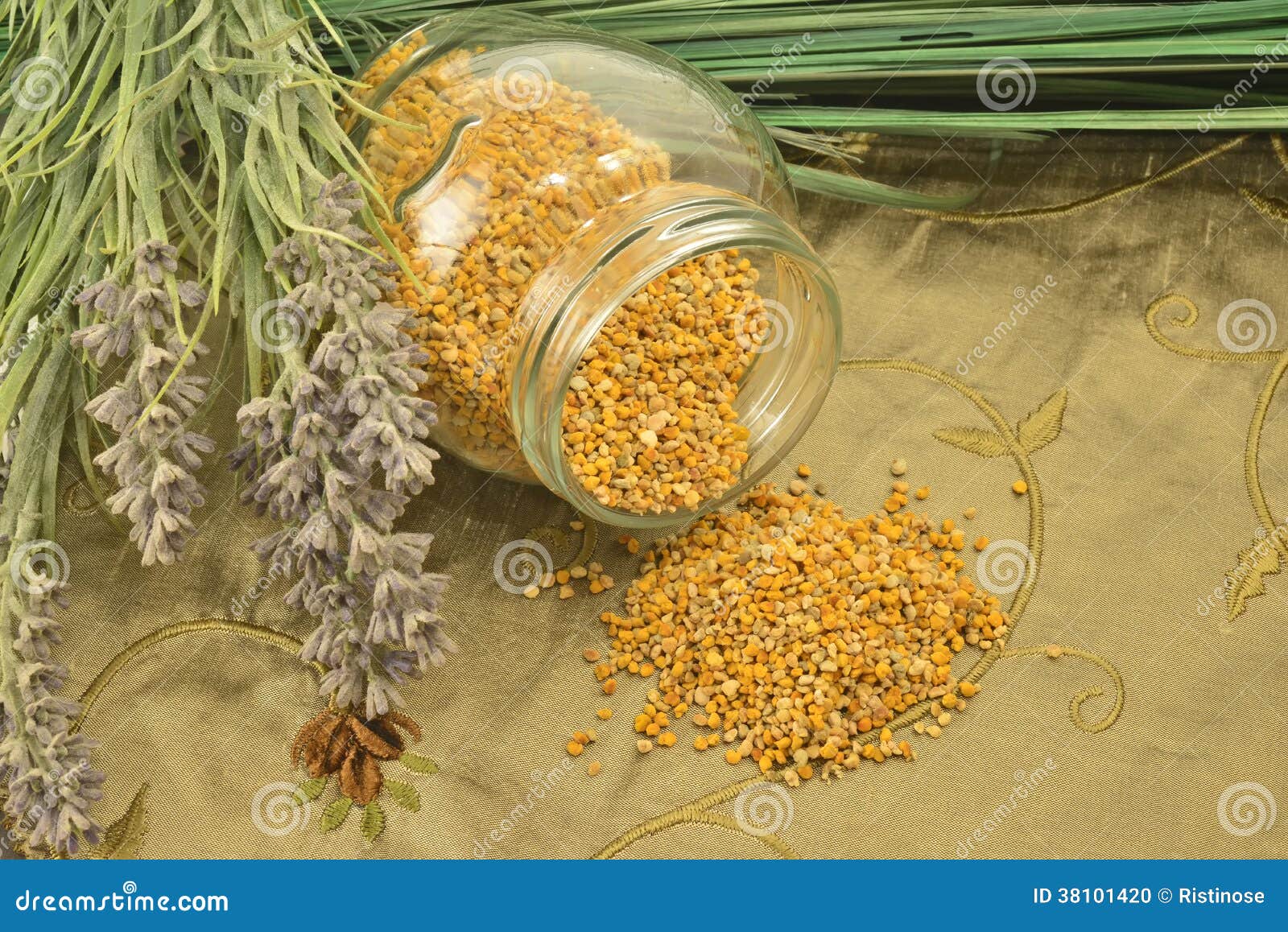 Bee Pollen in Glass Jar and Flowers Stock Photo - Image of glass, polen ...