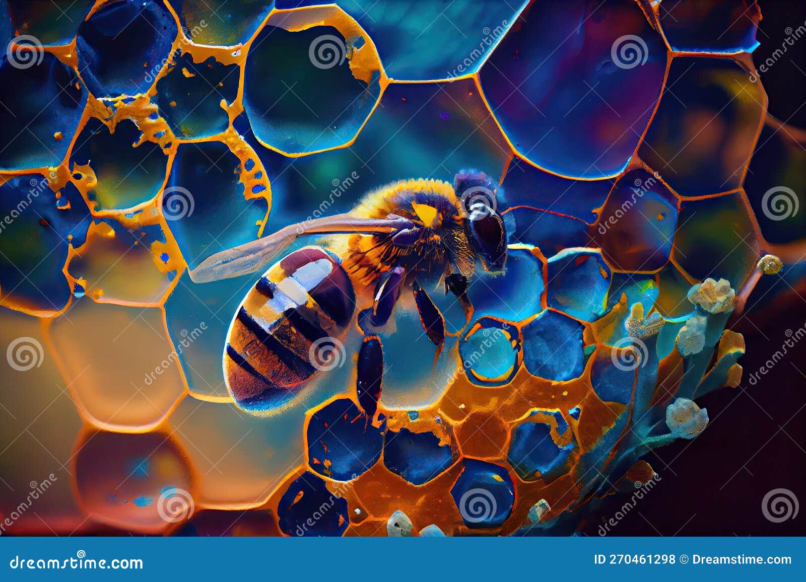 Bee Pollinating on a Colorful Honeycomb. Stock Illustration ...