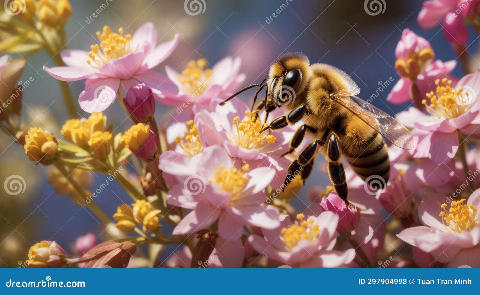 Bee pollinating flowers stock illustration. Illustration of flower ...