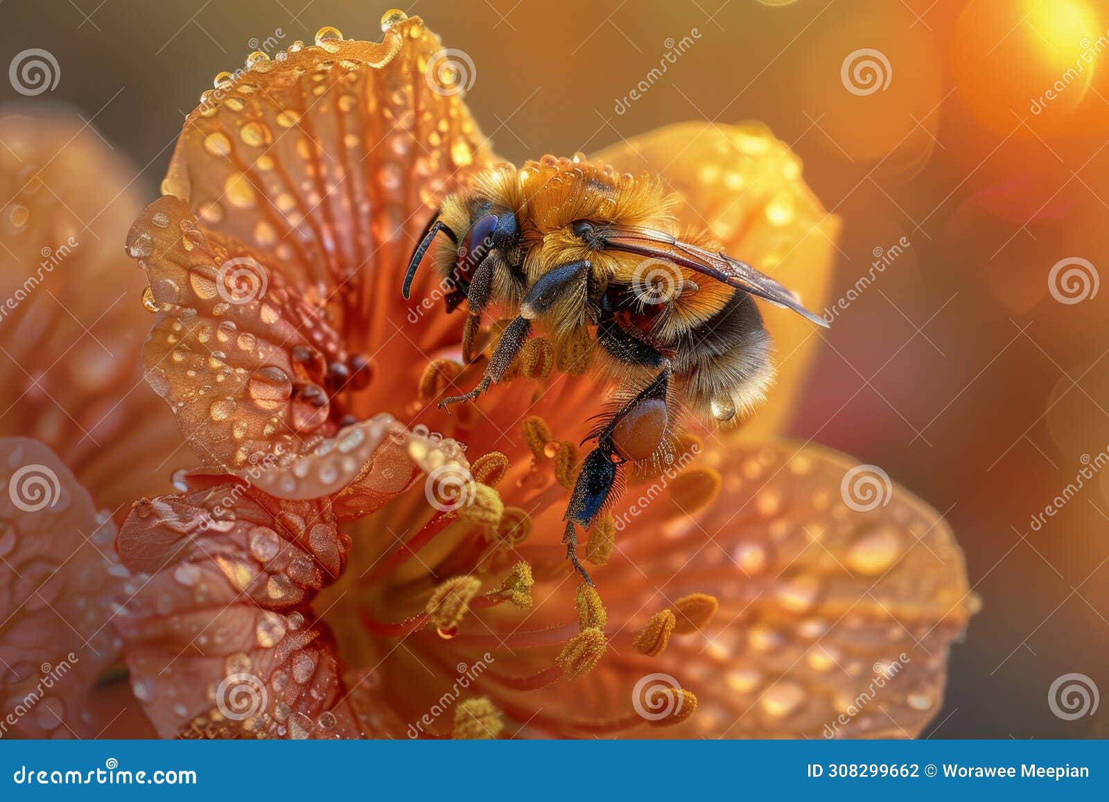 Bee Pollinating Vibrant Orange Flower with Dew. Generative AI Stock ...