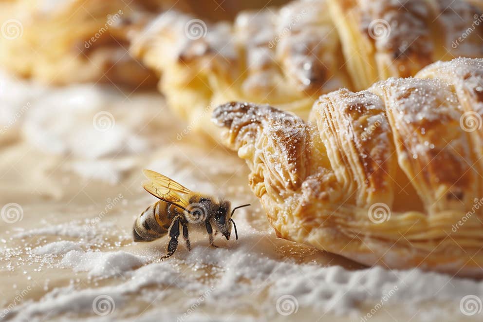 Bee on a Puff Pastry with Sugar Dust Stock Image - Image of insect ...