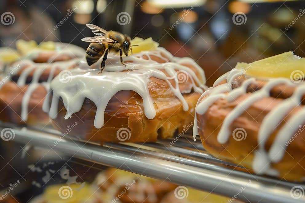 Bee Resting on the Icing of a Cinnamon Bun on a Bakery Display Stock ...
