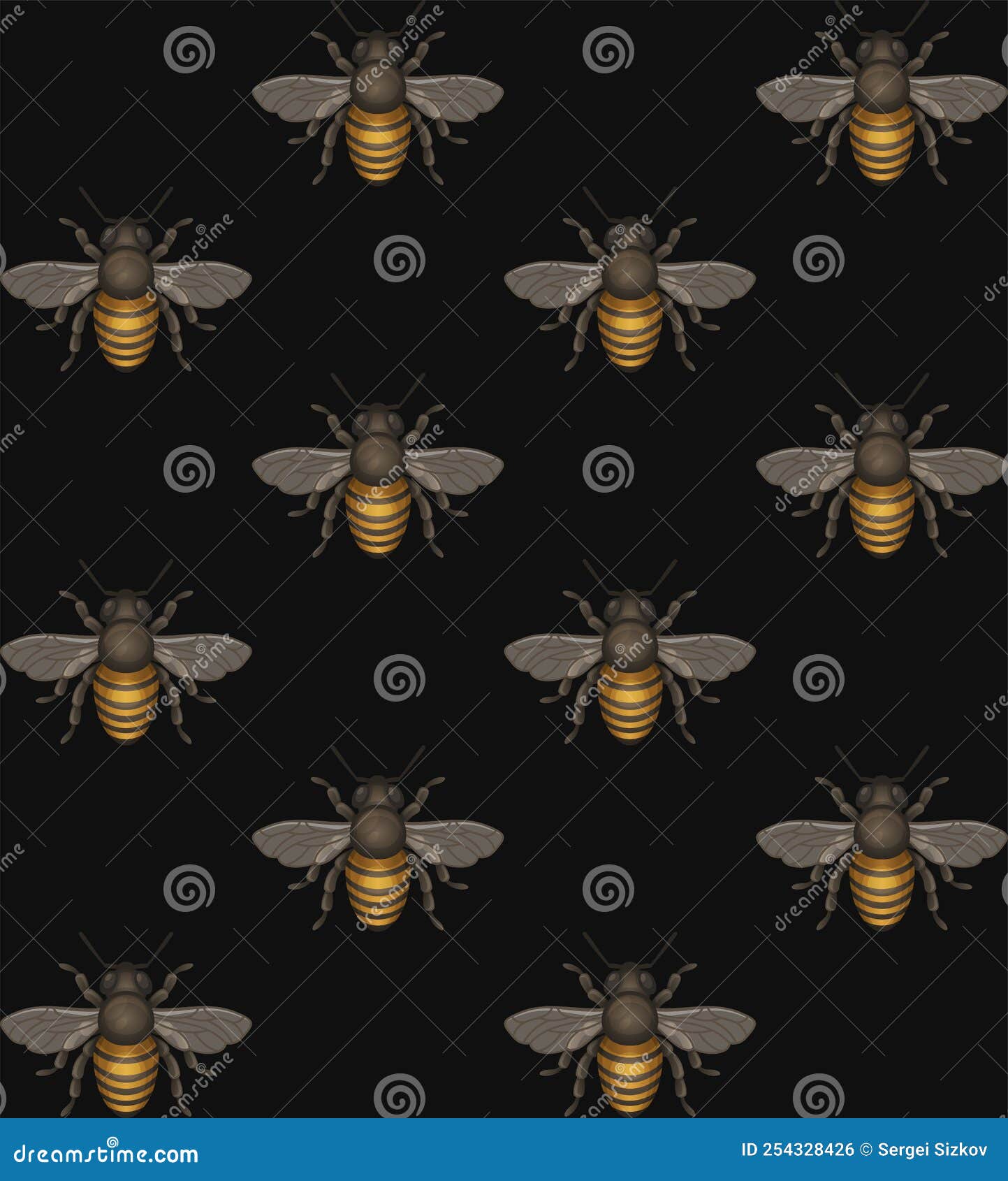 Bee Seamless Pattern on Black Background. Vector Stock Vector ...