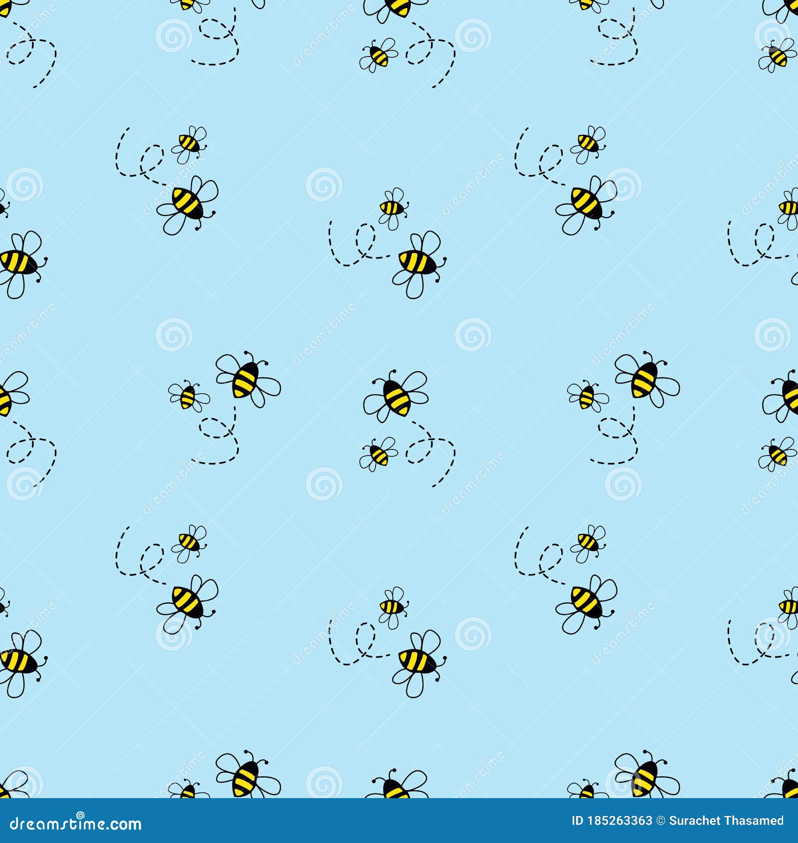 Bee Seamless Pattern on Blue Background. Stock Vector - Illustration of ...