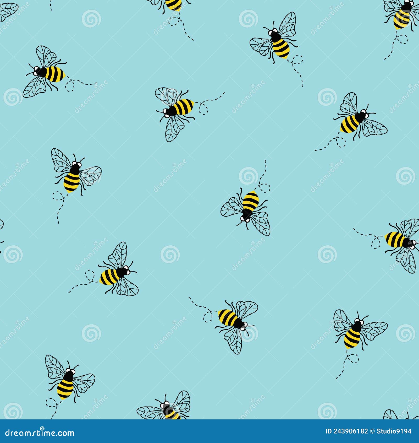 Bee Seamless Vector Background. Repeating Pattern with Bumblebees on a Blue Background. Summer ...