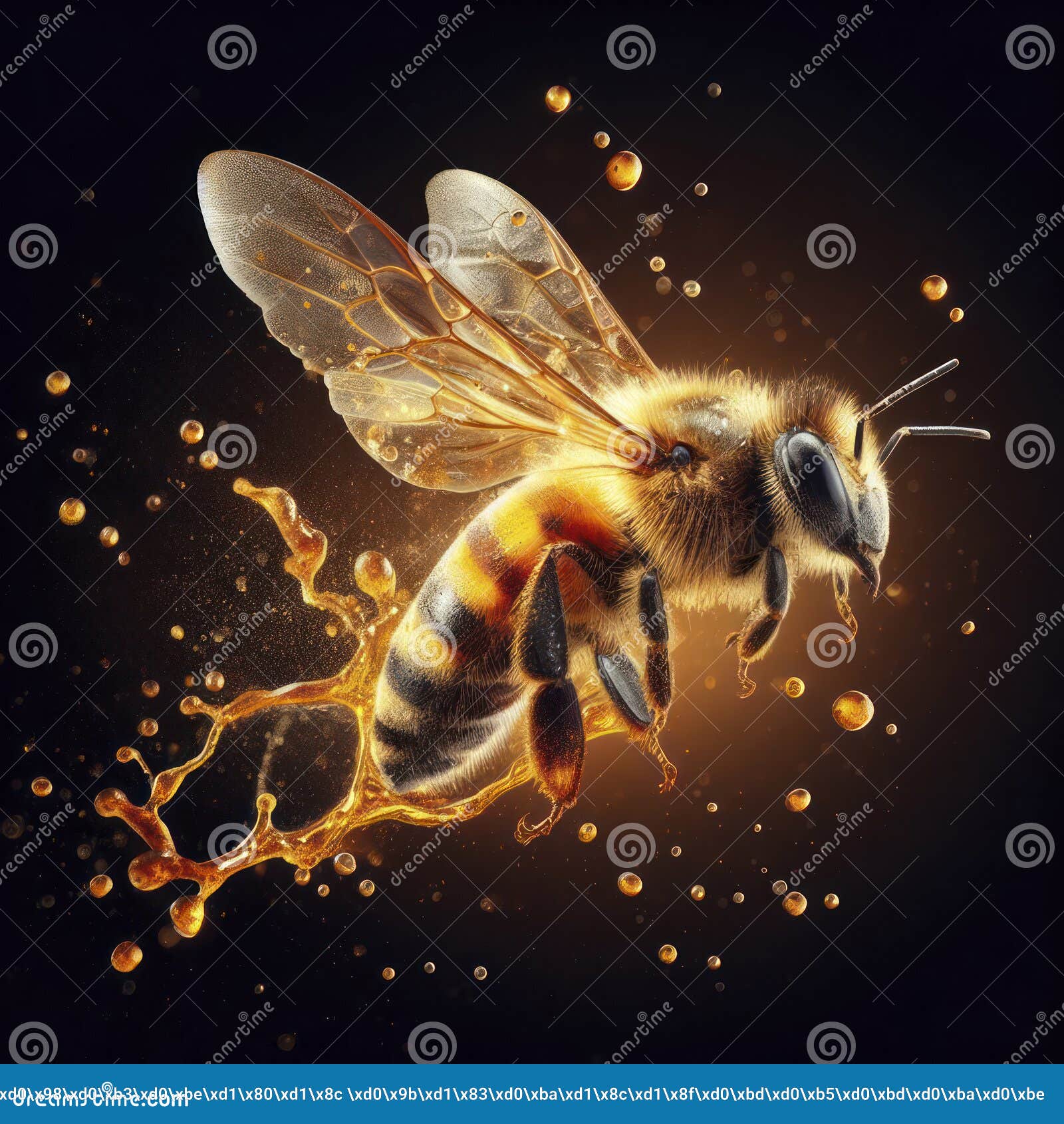 Bee Soaring with Honey Splash Below Solid Black Background. Ai ...