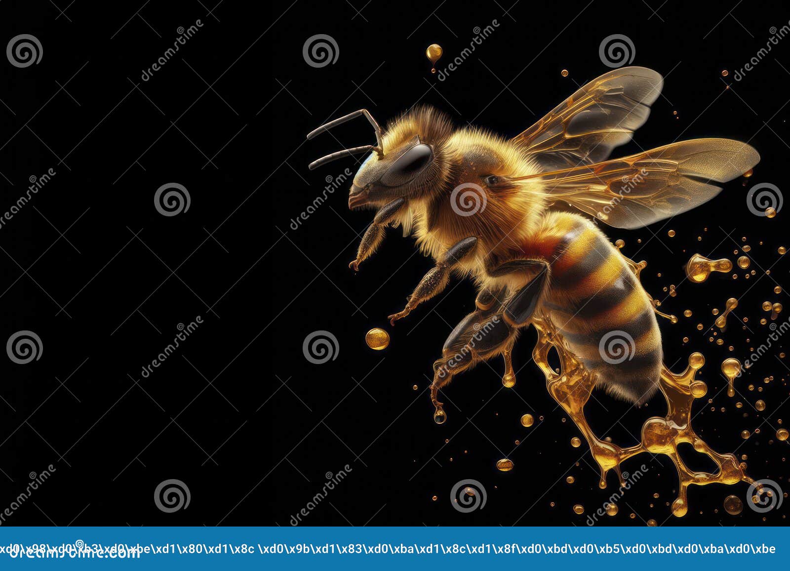 Bee Soaring with Honey Splash Below Solid Black Background. Ai ...