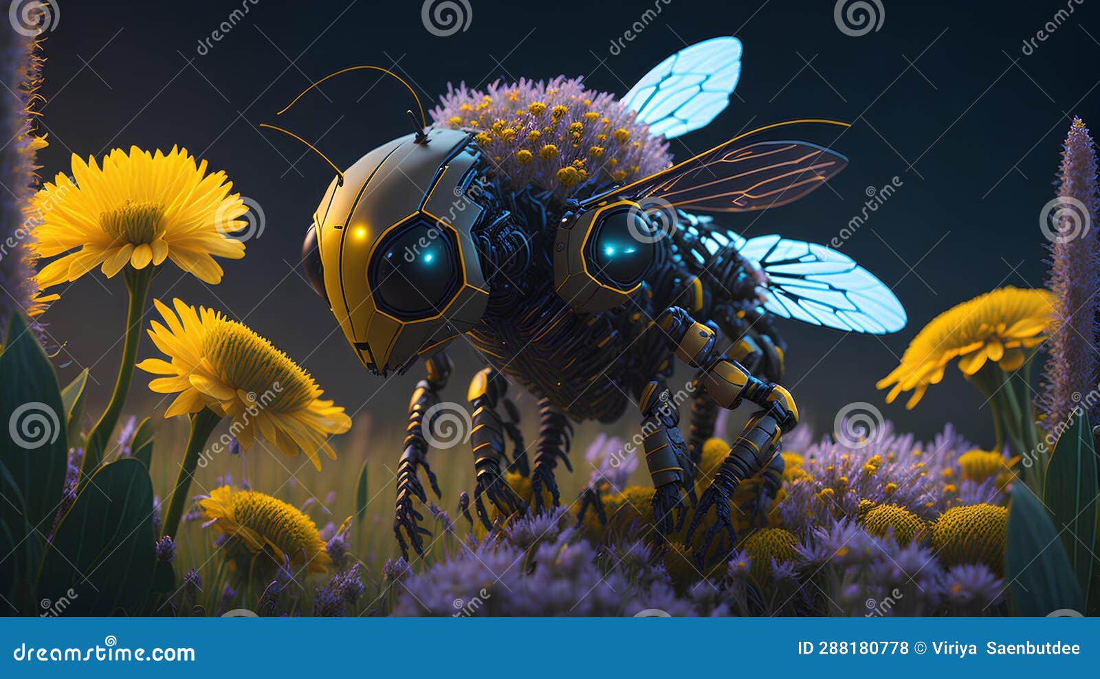 Bee Technology Robot Graphics and Flower Garden at Night Stock ...