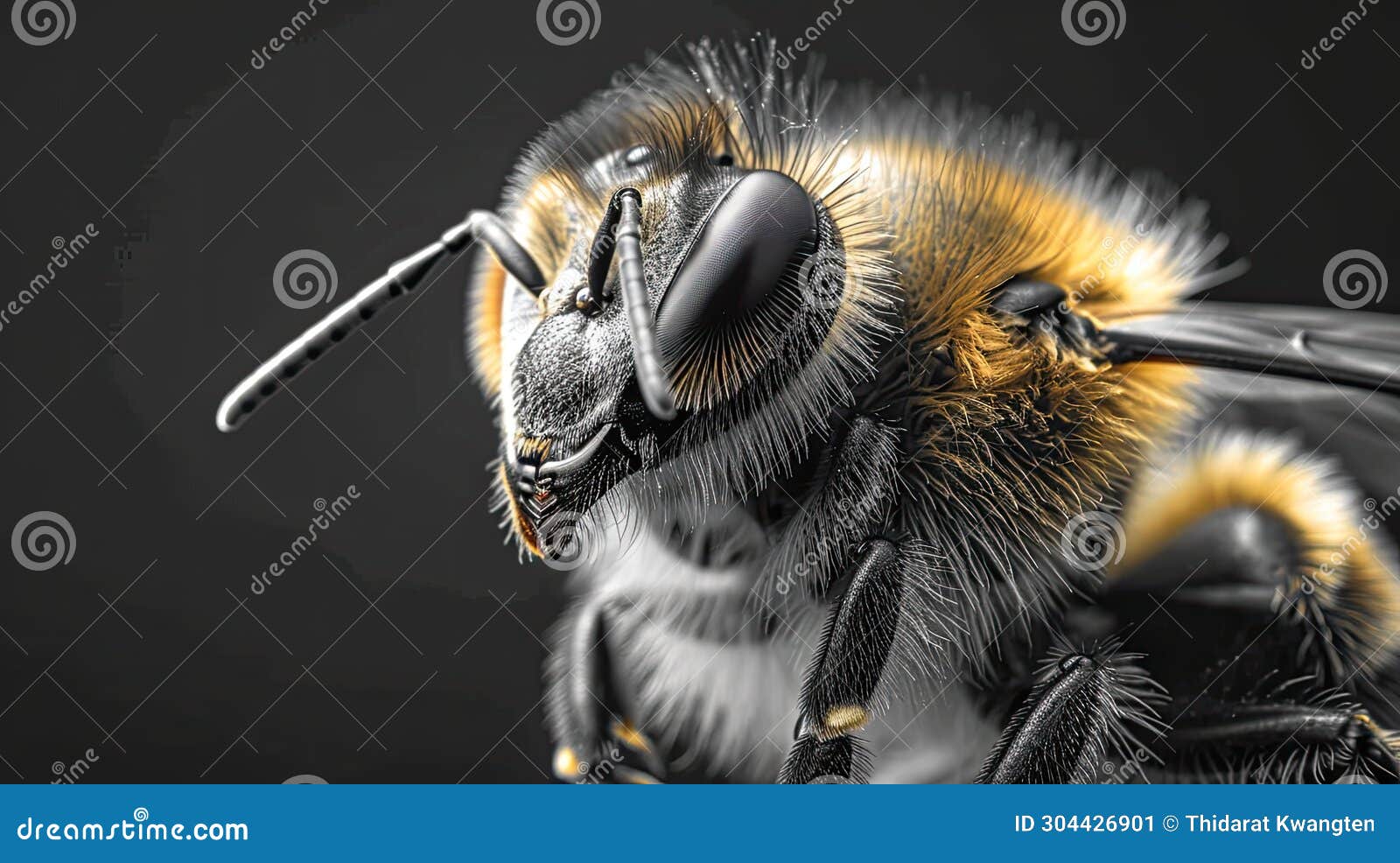 Bee Under Microscope Macro Portrait, Isolated on Black Background ...