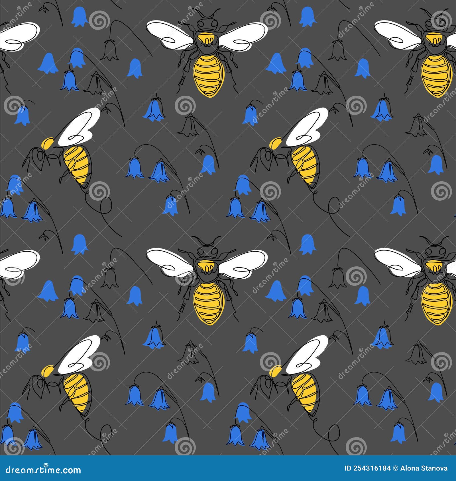 Bee Vector Pattern with Blue Flowers on Grey Background for Texture ...