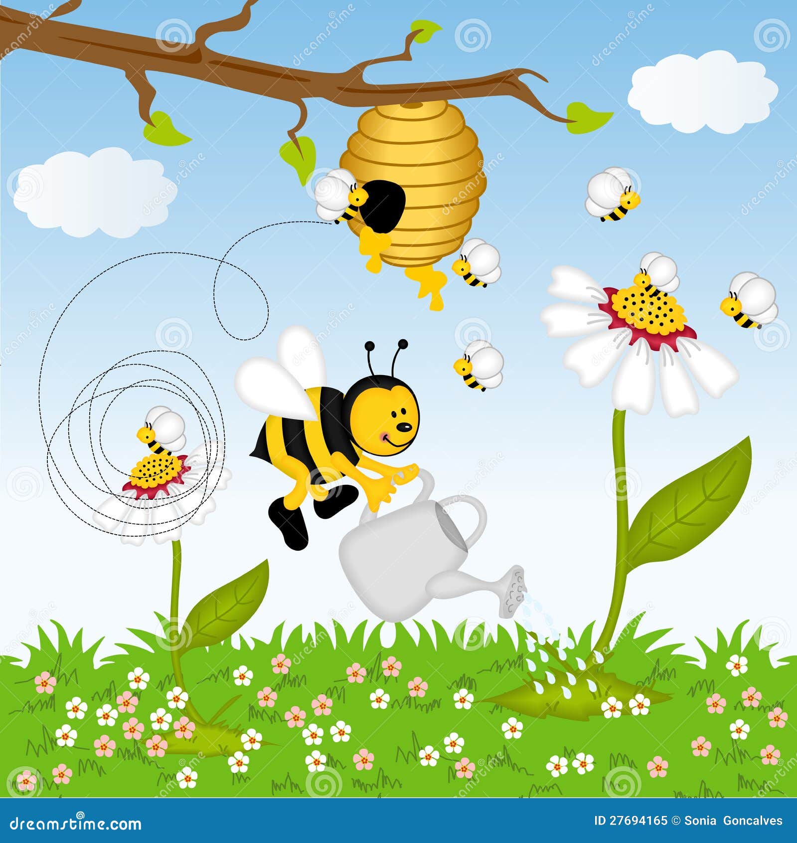 Bee Watering Flower in the Forest Stock Illustration - Illustration of ...