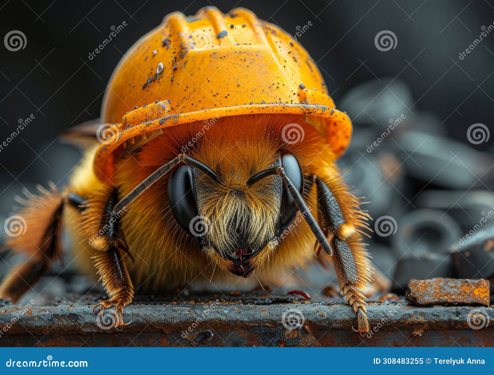 Bee is Wearing Yellow Construction Helmet Stock Image - Image of fauna ...