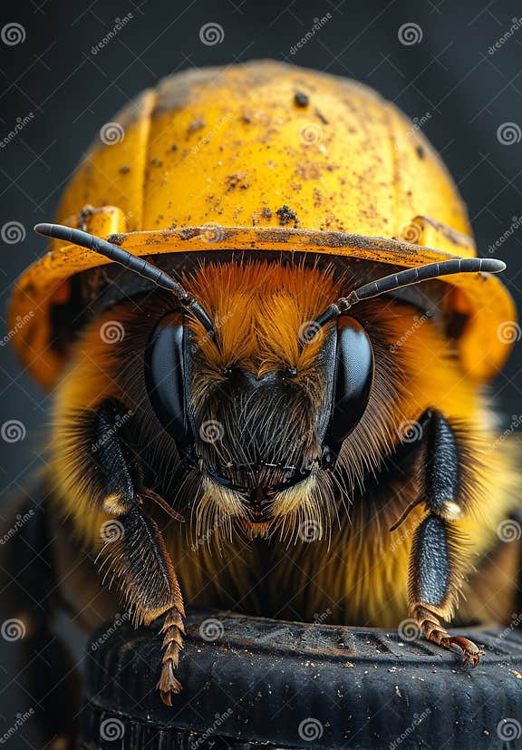 Bee Wearing Yellow Construction Helmet Stock Photo - Image of bumblebee ...