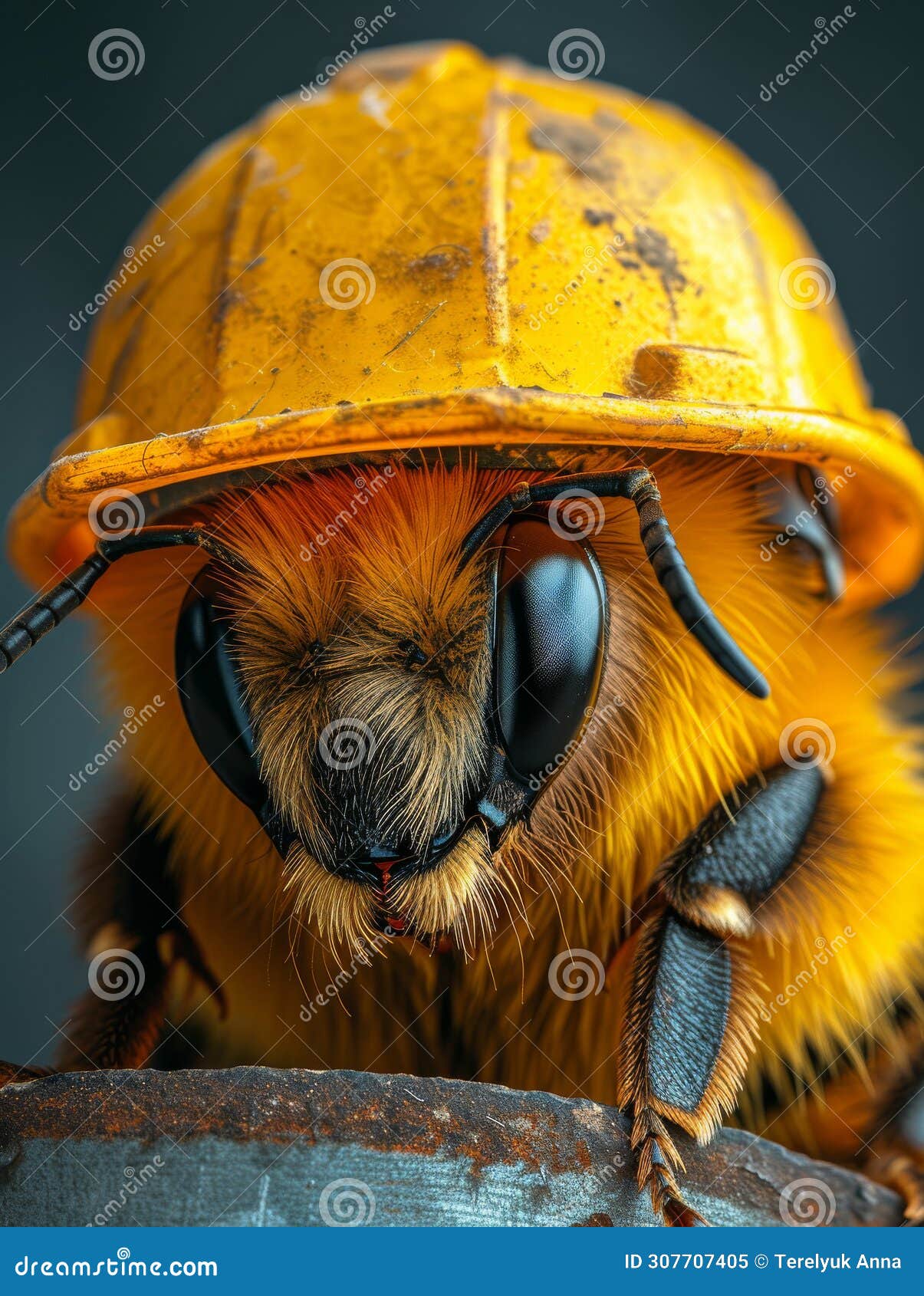 Bee is Wearing Yellow Hard Hat. Bee Wearing Hard Hat on a Dark Table ...