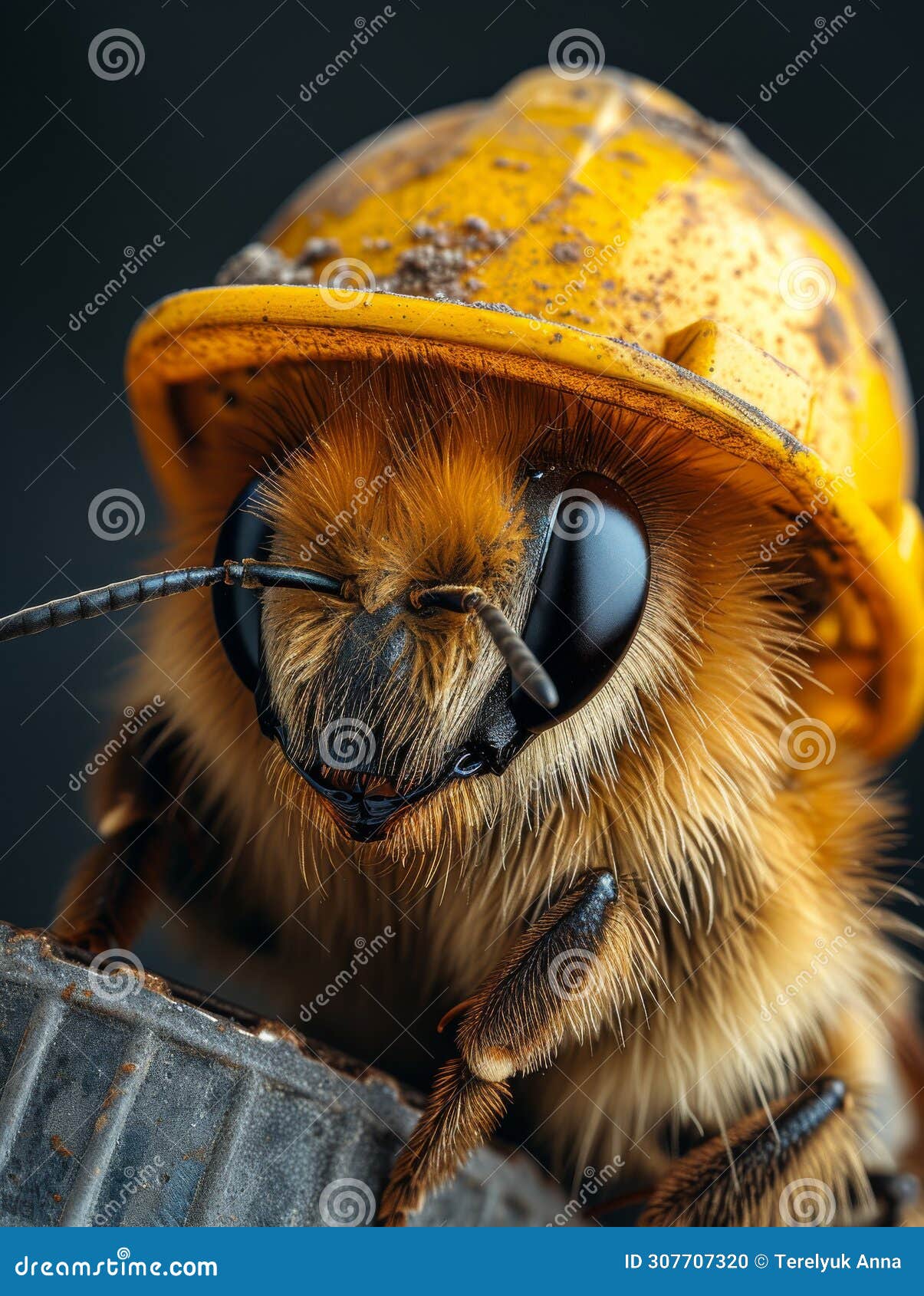 Bee is Wearing Yellow Helmet. Bee Wearing Hard Hat on a Dark Table ...