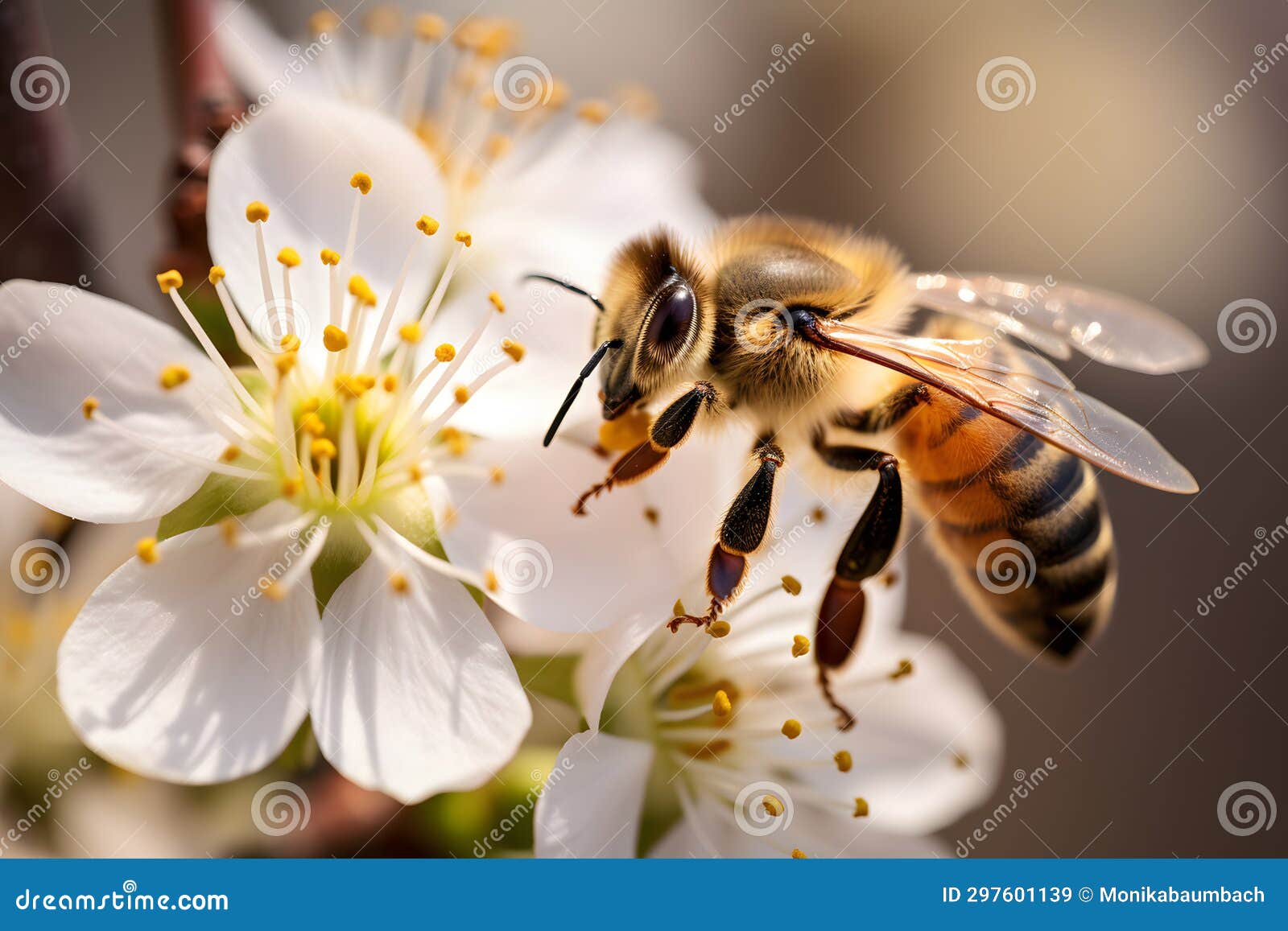 Bee with White Spring Flowers Stock Illustration - Illustration of ...