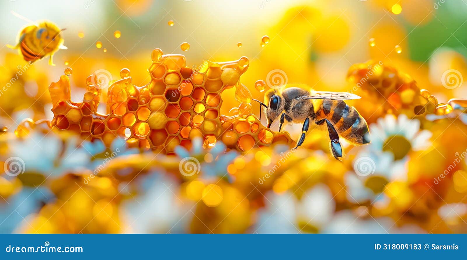 Bee at Work on Golden Honeycomb. May 20, World Bee Day Stock ...