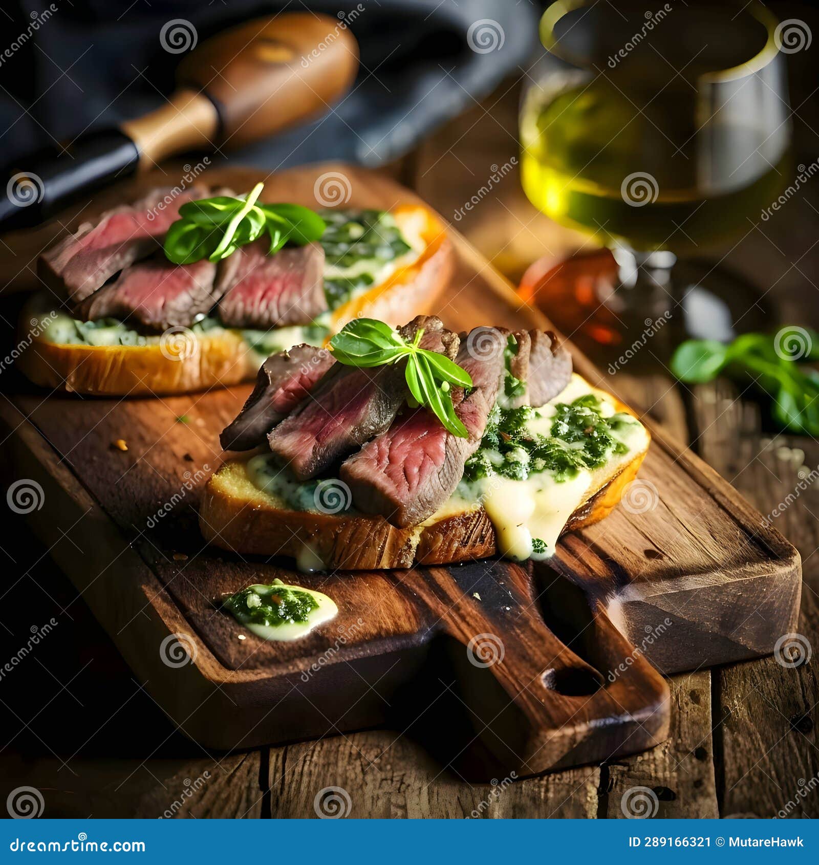 Beef and Basil Toasts with Herb Garlic Cream on a Cutting Kitchen ...