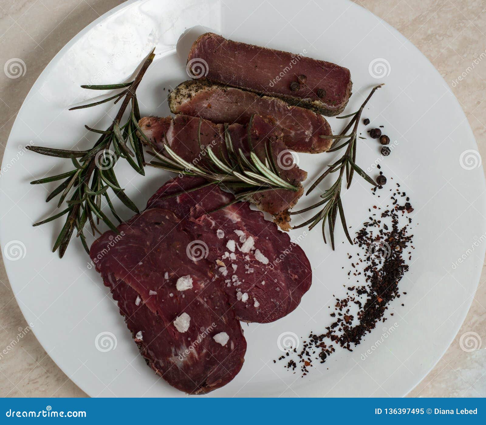 Beef Basturma on a Plate with Spices and Rosemary. Stock Image - Image ...