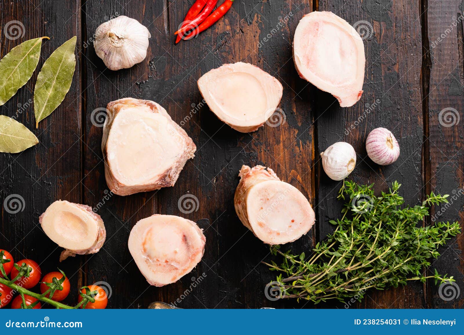 Beef Bones for Making Broth, on Old Dark Wooden Table Background, Top ...