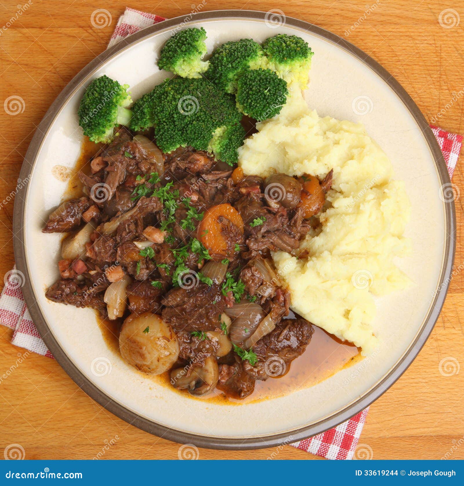 Beef Bourguignon Stew Dinner from Above Stock Photo - Image of lardons ...