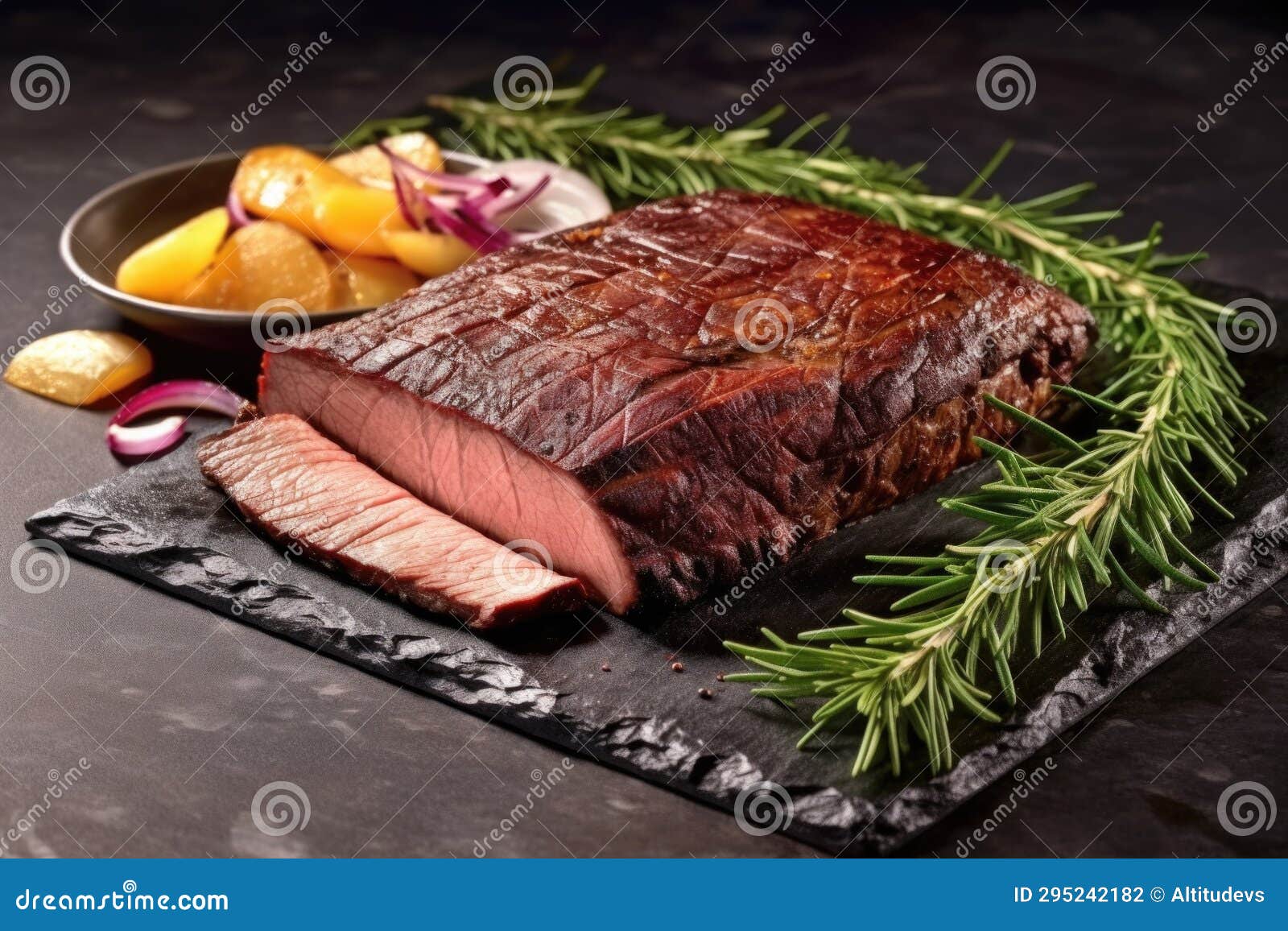 Beef Brisket with Bbq Garnish on a Stone Slate Stock Photo - Image of ...
