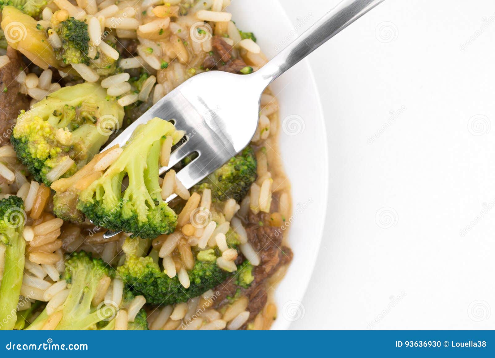 Beef Broccoli and Rice Dinner on a Plate with Fork Stock Photo - Image ...