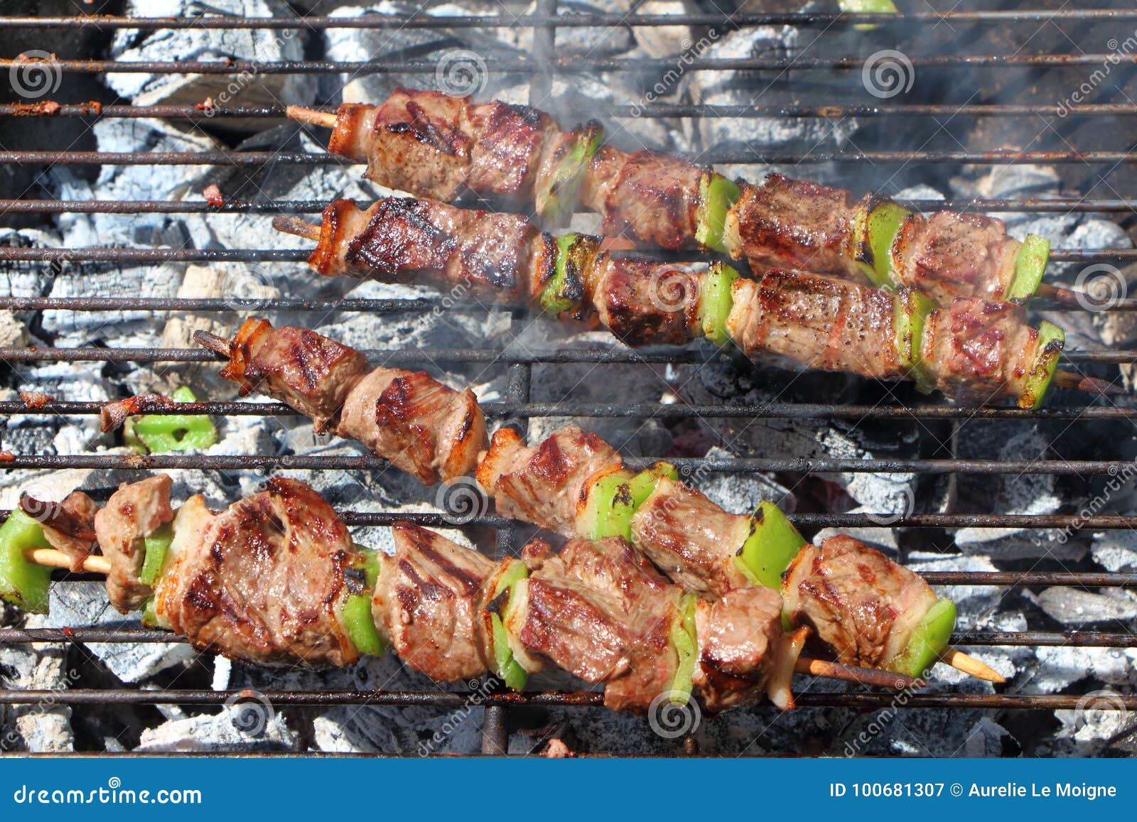 Beef brochette on barbecue stock image. Image of fire - 100681307