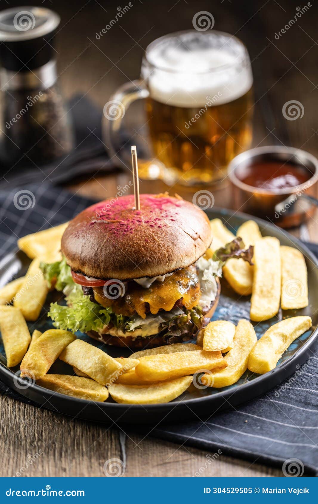 Beef Burger with Fries and Draft Beer on a Pub or Restaurant Plate ...
