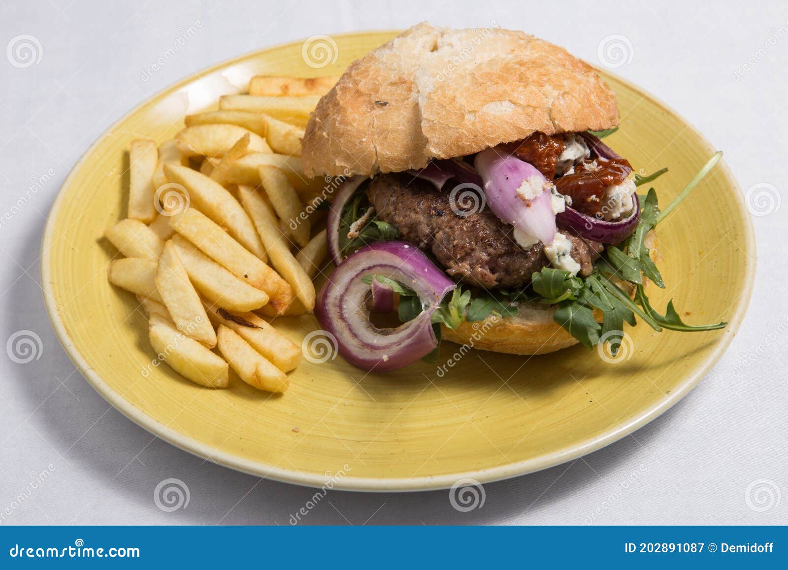 Beef burger with fries stock image. Image of potato - 202891087