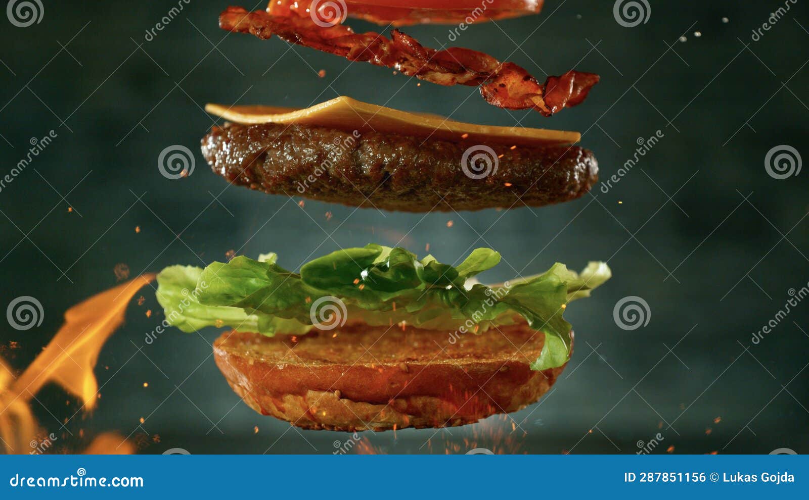 Beef Burger with Ingredients Falling Stock Photo - Image of lunch, move ...