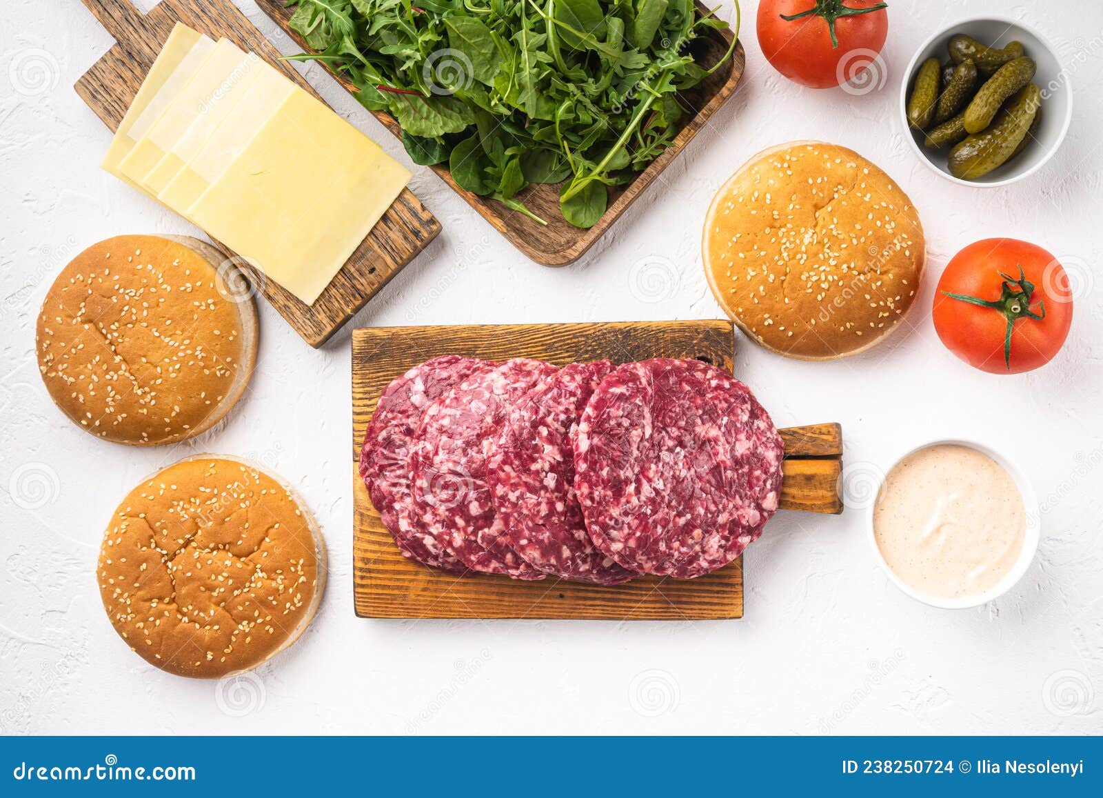 Beef Burger Ingredients, on White Stone Background, Top View Flat Lay ...