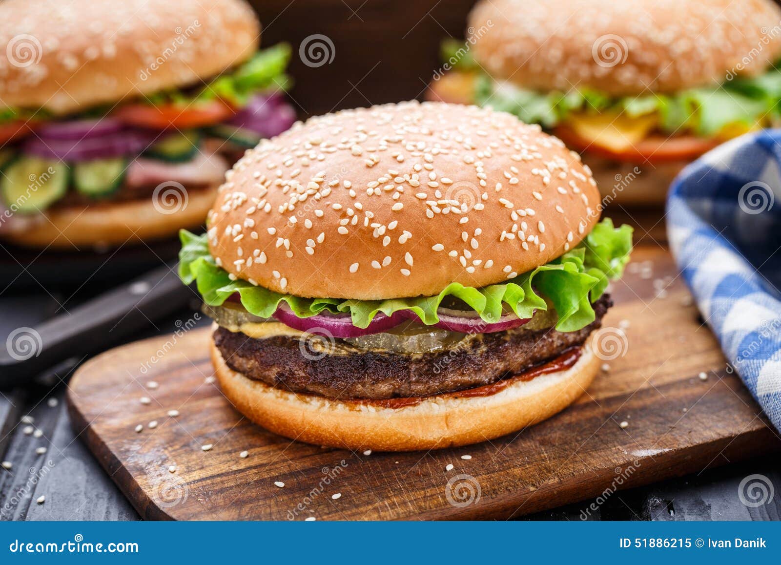 Beef burger stock image. Image of seasame, pickle, board - 51886215