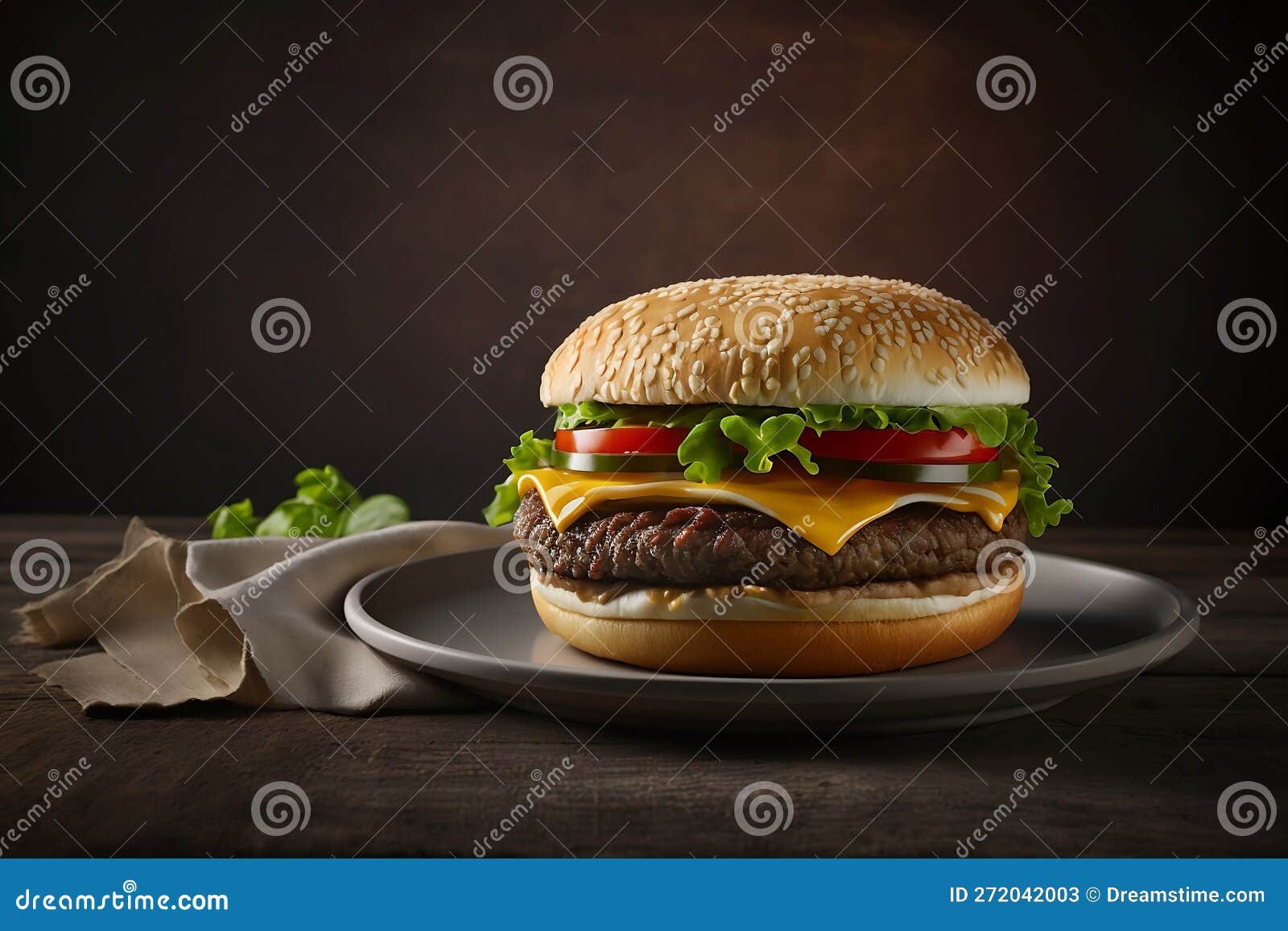 Beef Burger on a Plate on a Dark Wooden Table Close-up. Classic ...