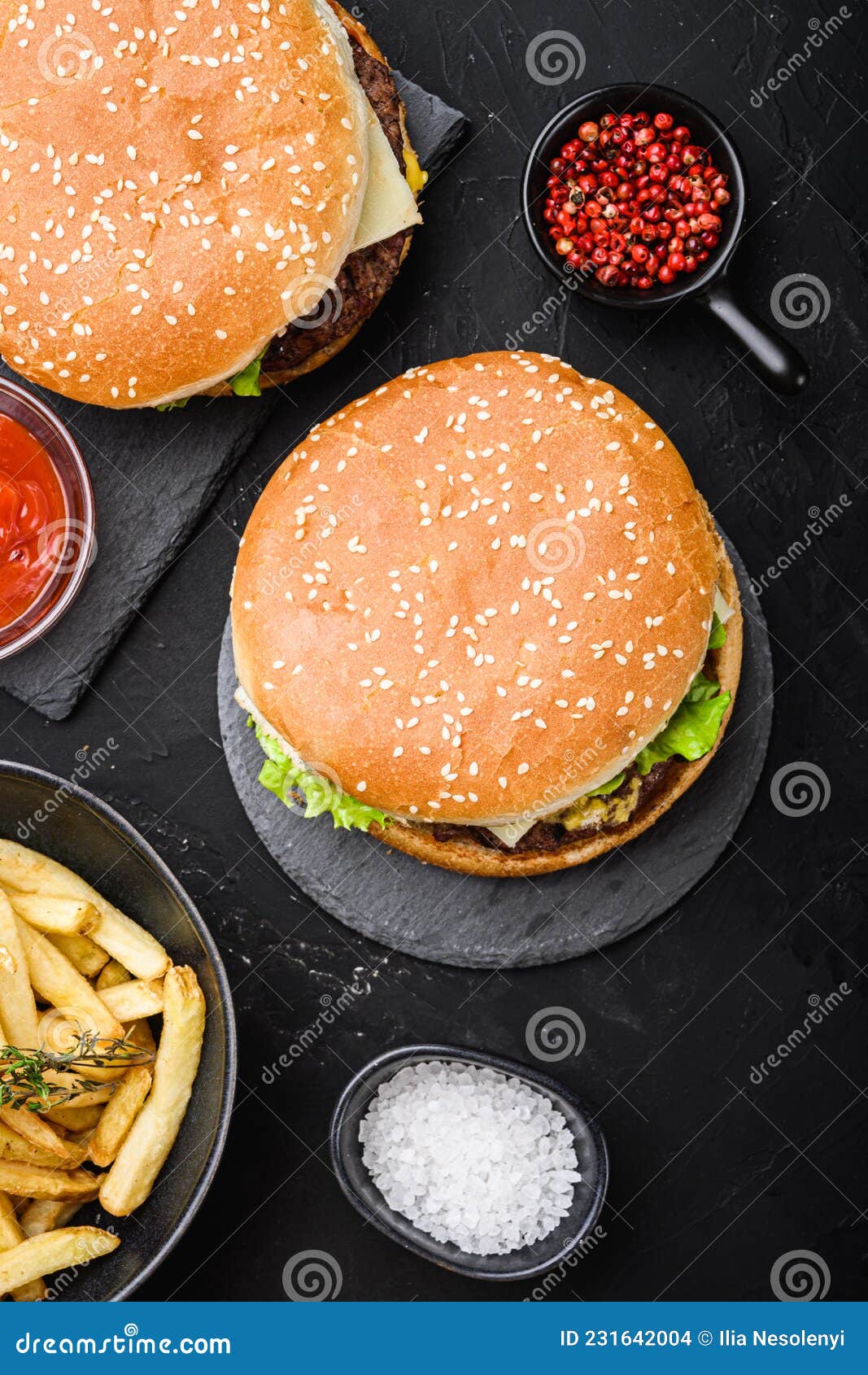 Beef Burgers on Black Textured Background, Topview Stock Photo - Image ...