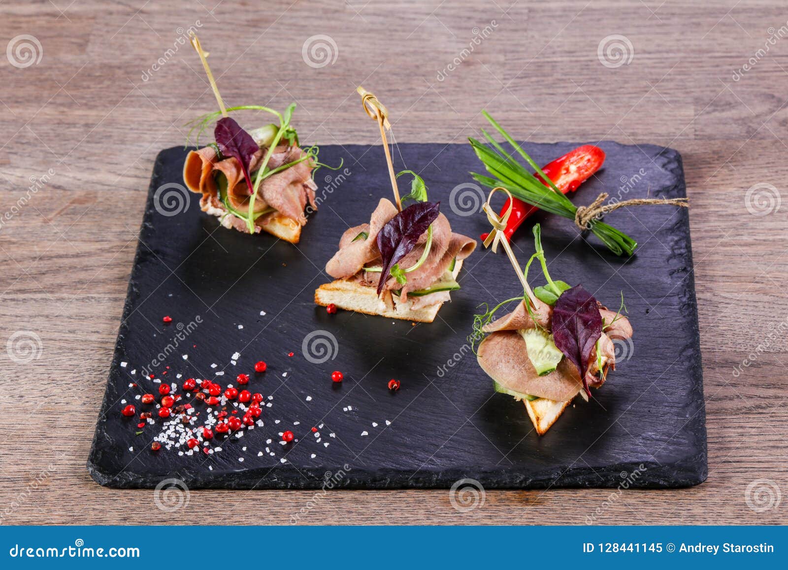 Beef canape served onion stock image. Image of snack - 128441145