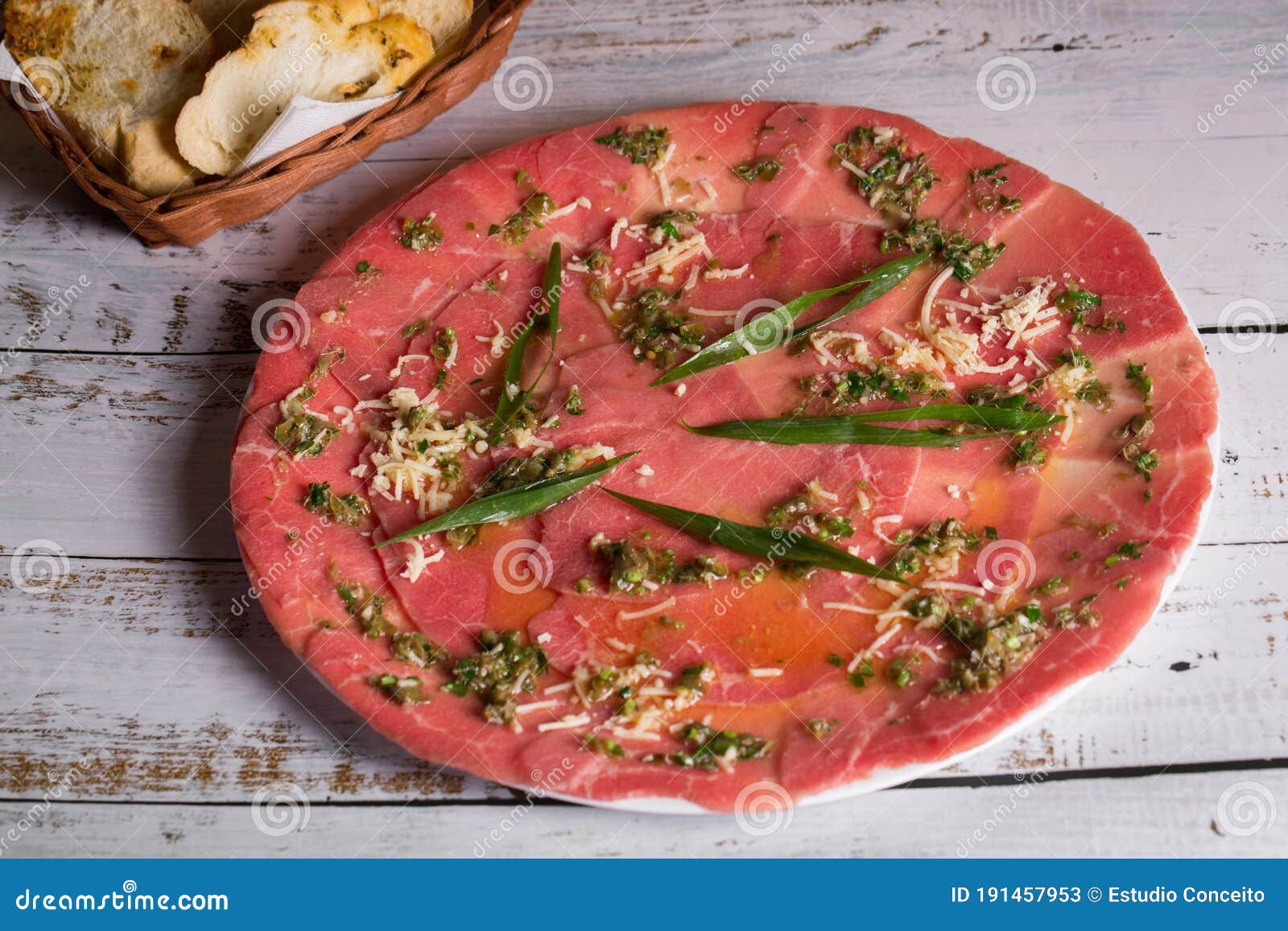 Beef Carpaccio with Toast Bread Basket Stock Image - Image of beef ...